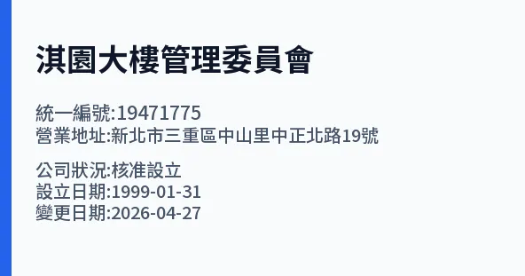 淇園大樓管理委員會的照片-統編 19471775(新北市) 公司登記資料與營業項目詳細圖表
