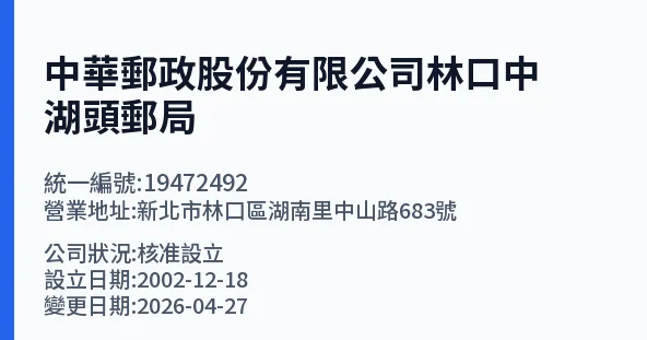 中華郵政股份有限公司林口中湖頭郵局的照片-統編 19472492(新北市) 公司登記資料與營業項目詳細圖表