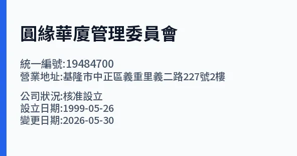 圓緣華廈管理委員會的照片-統編 19484700 公司登記資料與營業項目詳細圖表