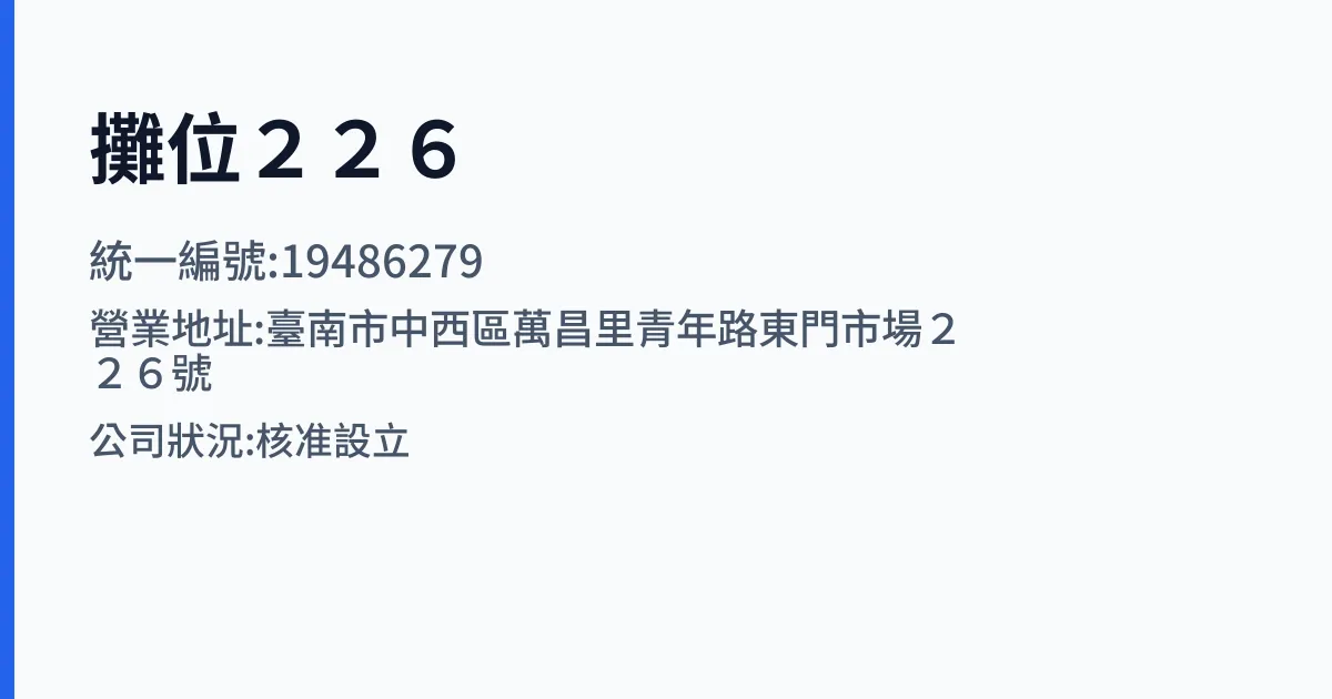 攤位226 - 統編 19486279(臺南市) 公司登記資料與營業項目詳細圖表