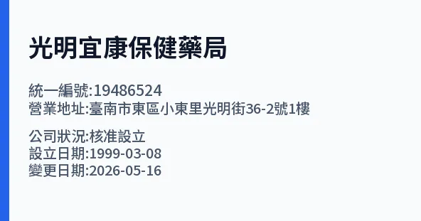 光明宜康保健藥局的照片-統編 19486524(臺南市) 公司登記資料與營業項目詳細圖表