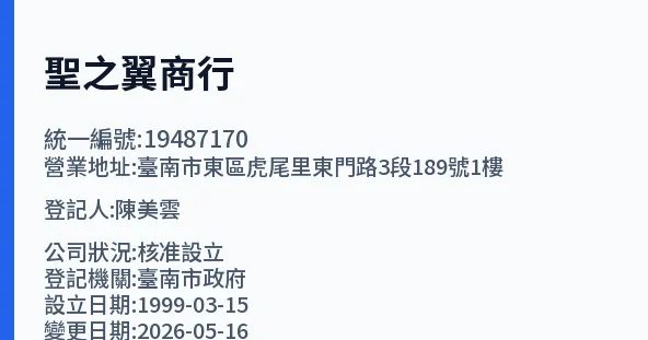 聖之翼商行的照片-統編 19487170(臺南市) 公司登記資料與營業項目詳細圖表