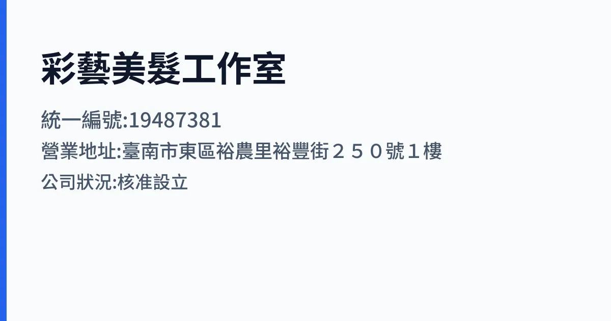 彩藝美髮工作室 - 統編 19487381(臺南市) 公司登記資料與營業項目詳細圖表