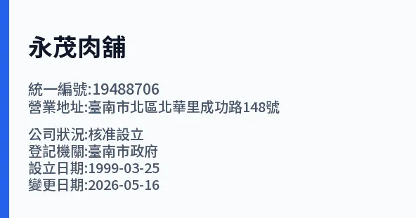 永茂肉舖的照片-統編 19488706(臺南市) 公司登記資料與營業項目詳細圖表