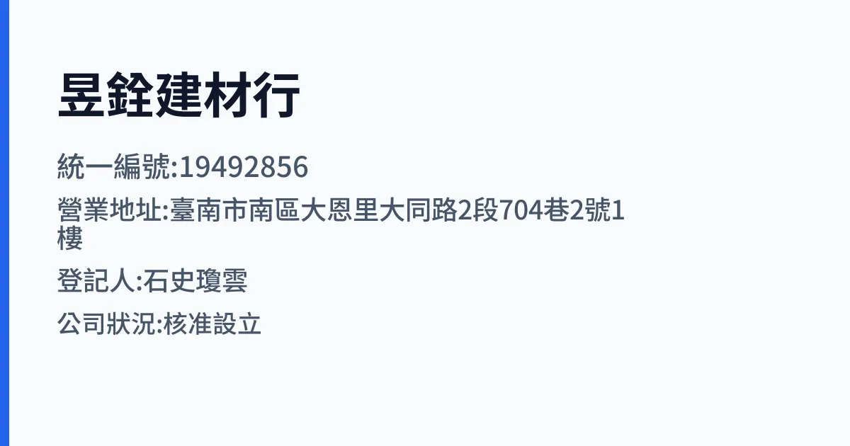 昱銓建材行 - 統編 19492856(臺南市) 公司登記資料與營業項目詳細圖表