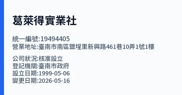 葛萊得實業社的照片-統編 19494405(臺南市) 公司登記資料與營業項目詳細圖表