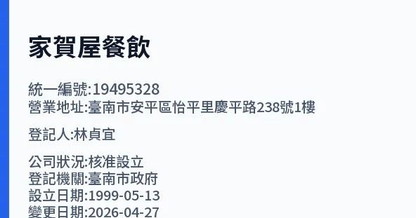 家賀屋餐飲的照片-統編 19495328(臺南市) 公司登記資料與營業項目詳細圖表