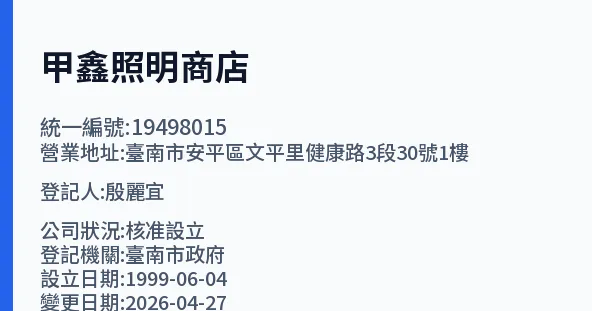 甲鑫照明商店的照片-統編 19498015(臺南市) 公司登記資料與營業項目詳細圖表