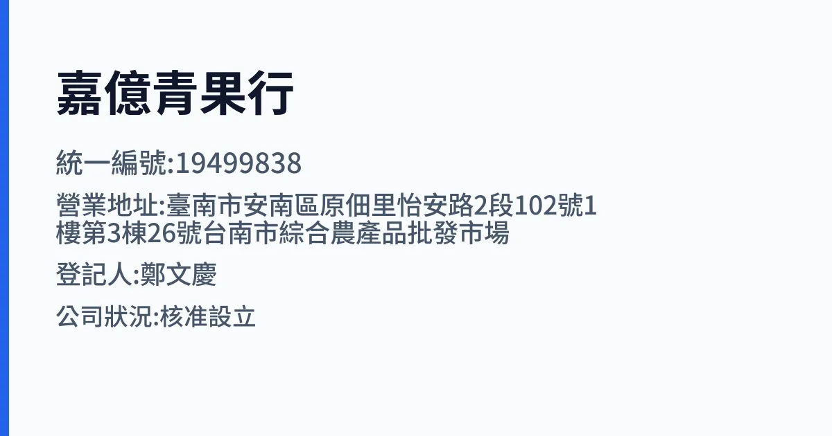 嘉億青果行 - 統編 19499838(臺南市) 公司登記資料與營業項目詳細圖表