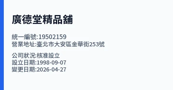 廣德堂精品舖的照片-統編 19502159(臺北市) 公司登記資料與營業項目詳細圖表