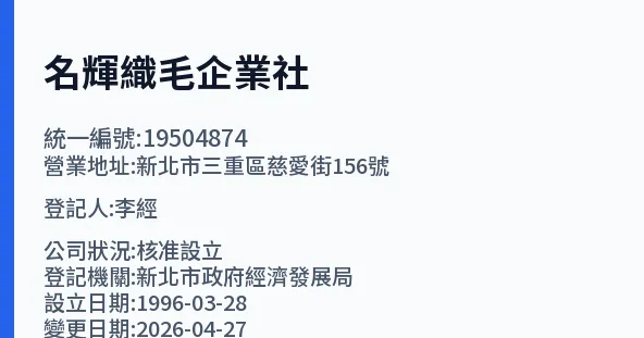 名輝織毛企業社的照片-統編 19504874(新北市) 公司登記資料與營業項目詳細圖表