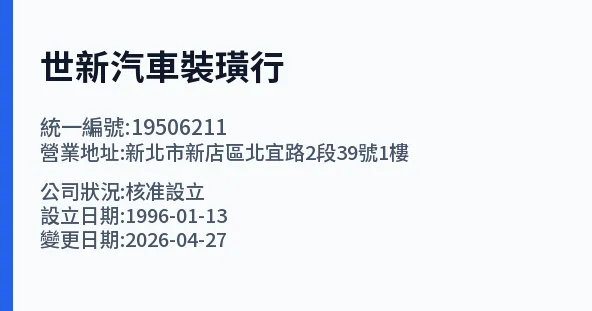 世新汽車裝璜行的照片-統編 19506211(新北市) 公司登記資料與營業項目詳細圖表