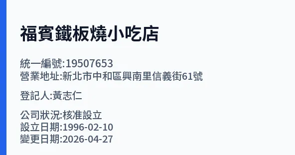 福賓鐵板燒小吃店的照片-統編 19507653(新北市) 公司登記資料與營業項目詳細圖表