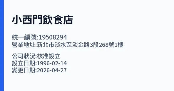 小西門飲食店的照片-統編 19508294(新北市) 公司登記資料與營業項目詳細圖表