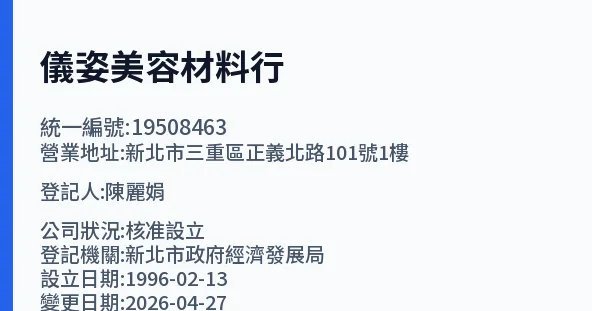 儀姿美容材料行的照片-統編 19508463(新北市) 公司登記資料與營業項目詳細圖表