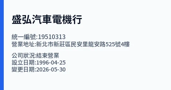 盛弘汽車電機行的照片-統編 19510313(新北市) 公司登記資料與營業項目詳細圖表
