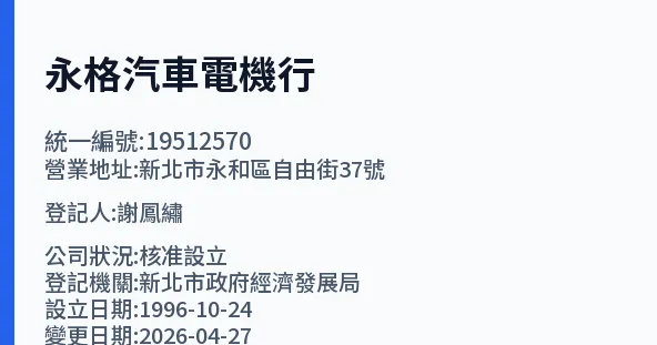 永格汽車電機行的照片-統編 19512570(新北市) 公司登記資料與營業項目詳細圖表