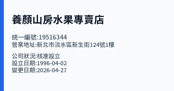 養顏山房水果專賣店的照片-統編 19516344(新北市) 公司登記資料與營業項目詳細圖表