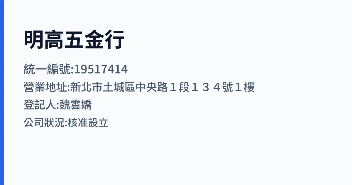明高五金行 - 統編 19517414(新北市) 公司登記資料與營業項目詳細圖表