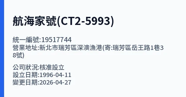航海家號(CT2-5993)的照片-統編 19517744(新北市) 公司登記資料與營業項目詳細圖表
