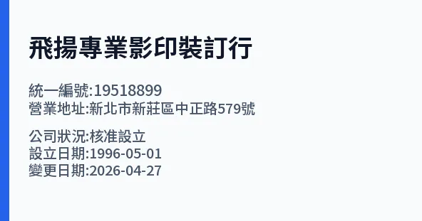 飛揚專業影印裝訂行的照片-統編 19518899(新北市) 公司登記資料與營業項目詳細圖表