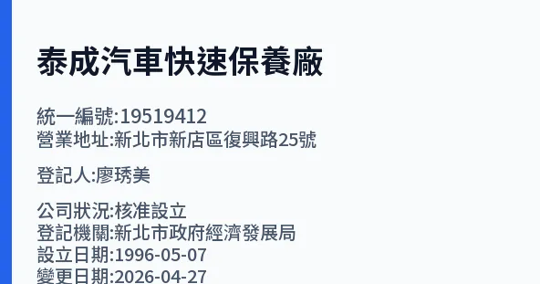 泰成汽車快速保養廠的照片-統編 19519412(新北市) 公司登記資料與營業項目詳細圖表