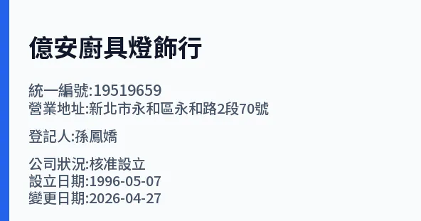 億安廚具燈飾行的照片-統編 19519659(新北市) 公司登記資料與營業項目詳細圖表