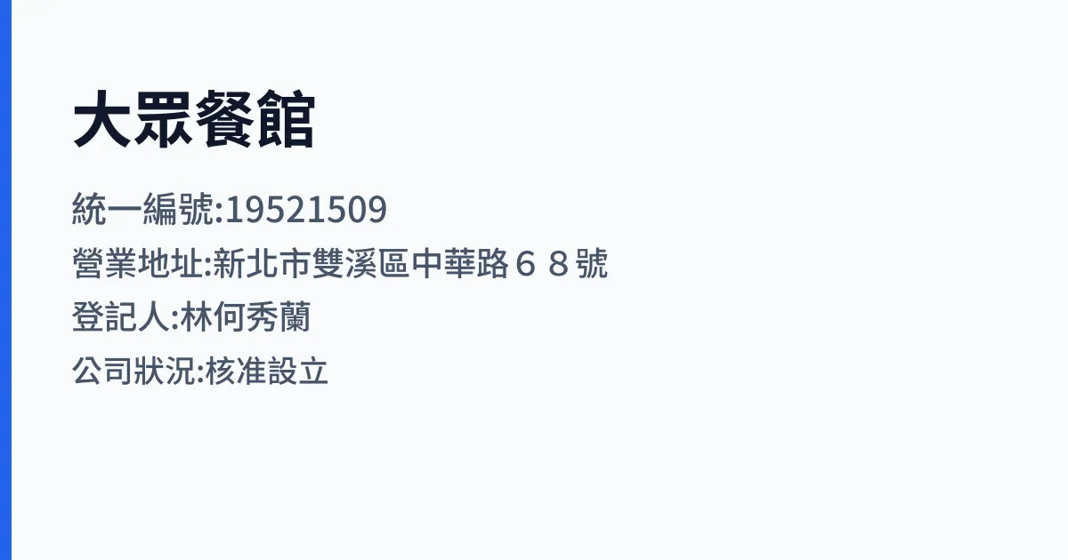 大眾餐館 - 統編 19521509(新北市) 公司登記資料與營業項目詳細圖表