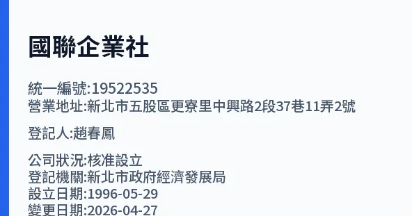 國聯企業社的照片-統編 19522535(新北市) 公司登記資料與營業項目詳細圖表