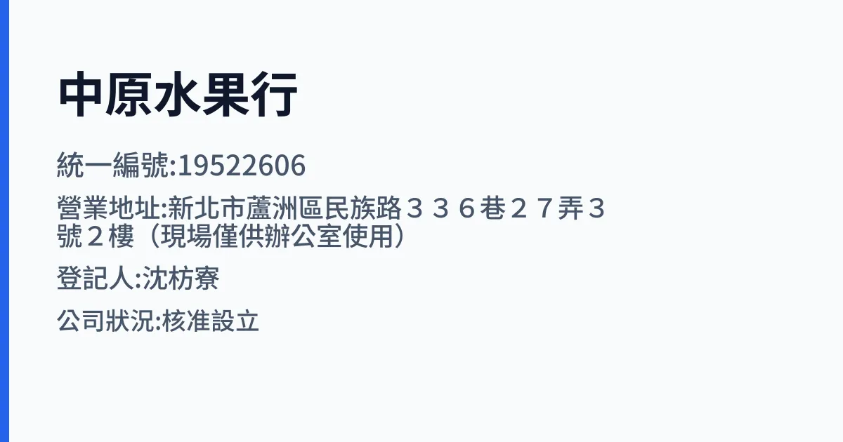 中原水果行 - 統編 19522606(新北市) 公司登記資料與營業項目詳細圖表