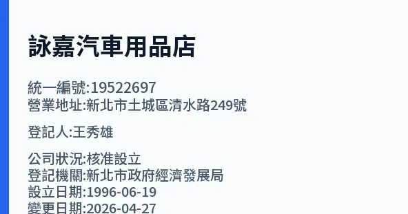 詠嘉汽車用品店的照片-統編 19522697(新北市) 公司登記資料與營業項目詳細圖表