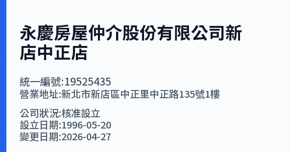 永慶房屋仲介股份有限公司新店中正店的照片-統編 19525435(新北市) 公司登記資料與營業項目詳細圖表