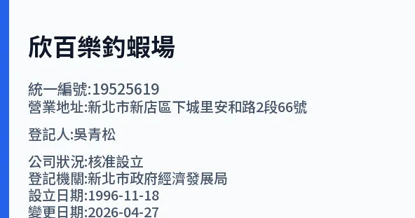 欣百樂釣蝦場的照片-統編 19525619(新北市) 公司登記資料與營業項目詳細圖表