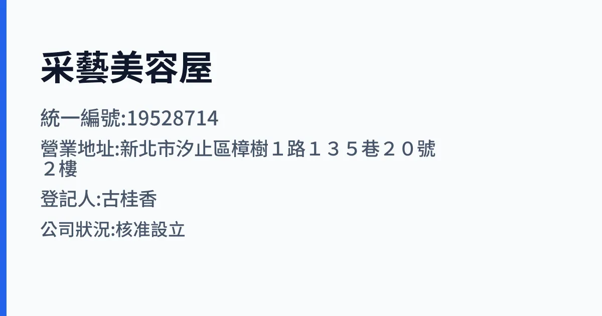 采藝美容屋 - 統編 19528714(新北市) 公司登記資料與營業項目詳細圖表