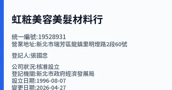 虹粧美容美髮材料行的照片-統編 19528931(新北市) 公司登記資料與營業項目詳細圖表