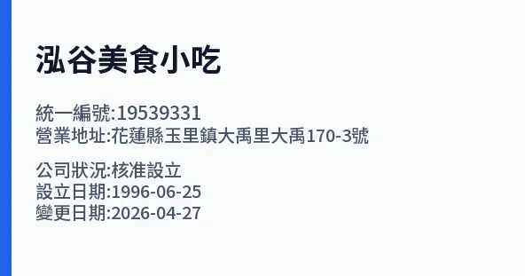 泓谷美食小吃的照片-統編 19539331(花蓮縣) 公司登記資料與營業項目詳細圖表