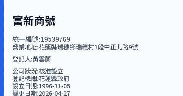 富新商號的照片-統編 19539769(花蓮縣) 公司登記資料與營業項目詳細圖表