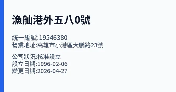 漁舢港外五八0號的照片-統編 19546380(高雄市) 公司登記資料與營業項目詳細圖表