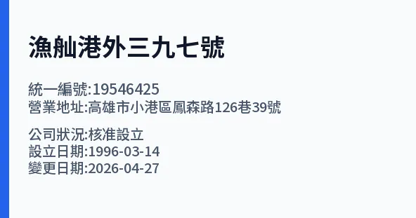 漁舢港外三九七號的照片-統編 19546425(高雄市) 公司登記資料與營業項目詳細圖表