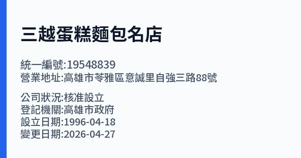 三越蛋糕麵包名店的照片-統編 19548839(高雄市) 公司登記資料與營業項目詳細圖表