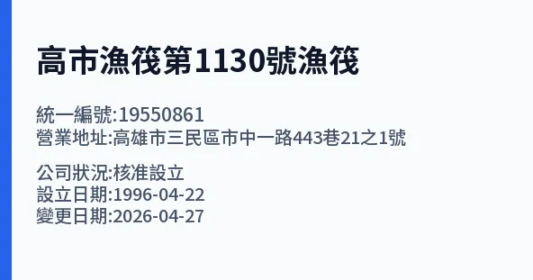 高市漁筏第1130號漁筏的照片-統編 19550861(高雄市) 公司登記資料與營業項目詳細圖表
