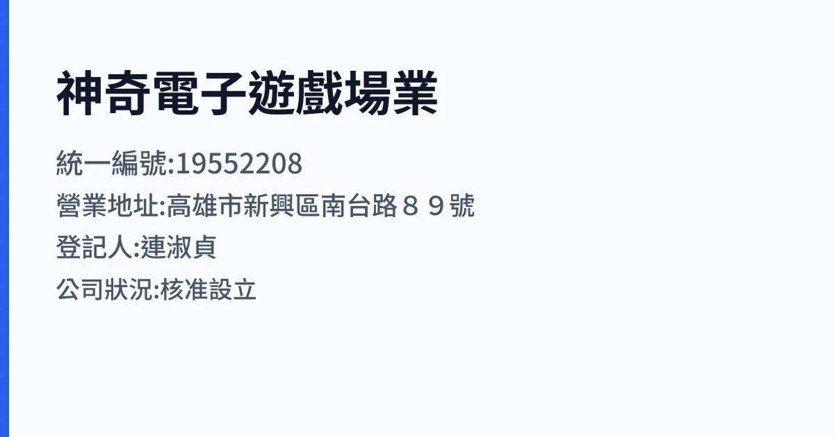神奇電子遊戲場業 - 統編 19552208(高雄市) 公司登記資料與營業項目詳細圖表