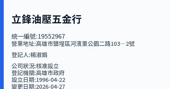 立鋒油壓五金行的照片-統編 19552967(高雄市) 公司登記資料與營業項目詳細圖表