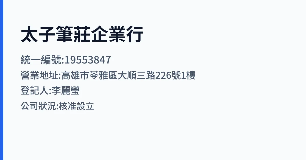 太子筆莊企業行 - 統編 19553847(高雄市) 公司登記資料與營業項目詳細圖表