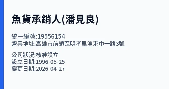 魚貨承銷人(潘見良)的照片-統編 19556154(高雄市) 公司登記資料與營業項目詳細圖表