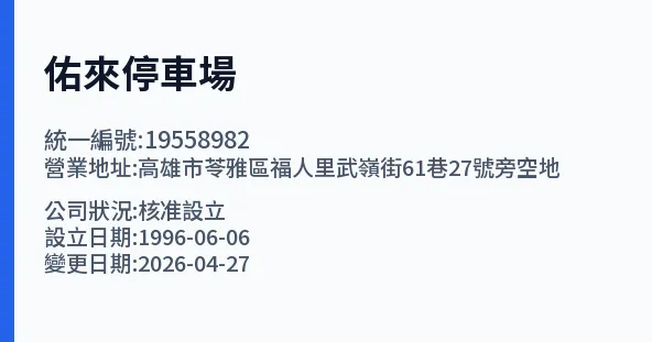 佑來停車場的照片-統編 19558982(高雄市) 公司登記資料與營業項目詳細圖表