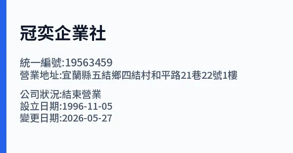 冠奕企業社的照片-統編 19563459(宜蘭縣) 公司登記資料與營業項目詳細圖表