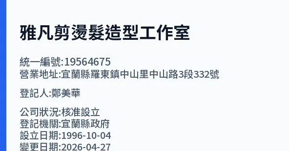 雅凡剪燙髮造型工作室的照片-統編 19564675(宜蘭縣) 公司登記資料與營業項目詳細圖表