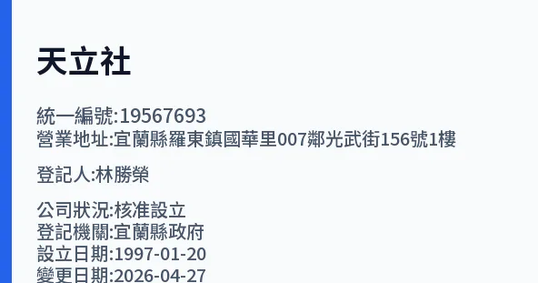 天立社的照片-統編 19567693(宜蘭縣) 公司登記資料與營業項目詳細圖表