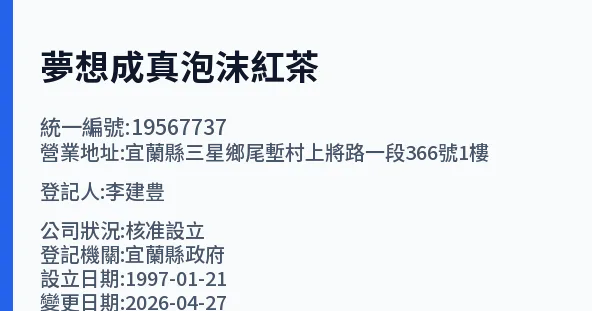 夢想成真泡沫紅茶的照片-統編 19567737(宜蘭縣) 公司登記資料與營業項目詳細圖表